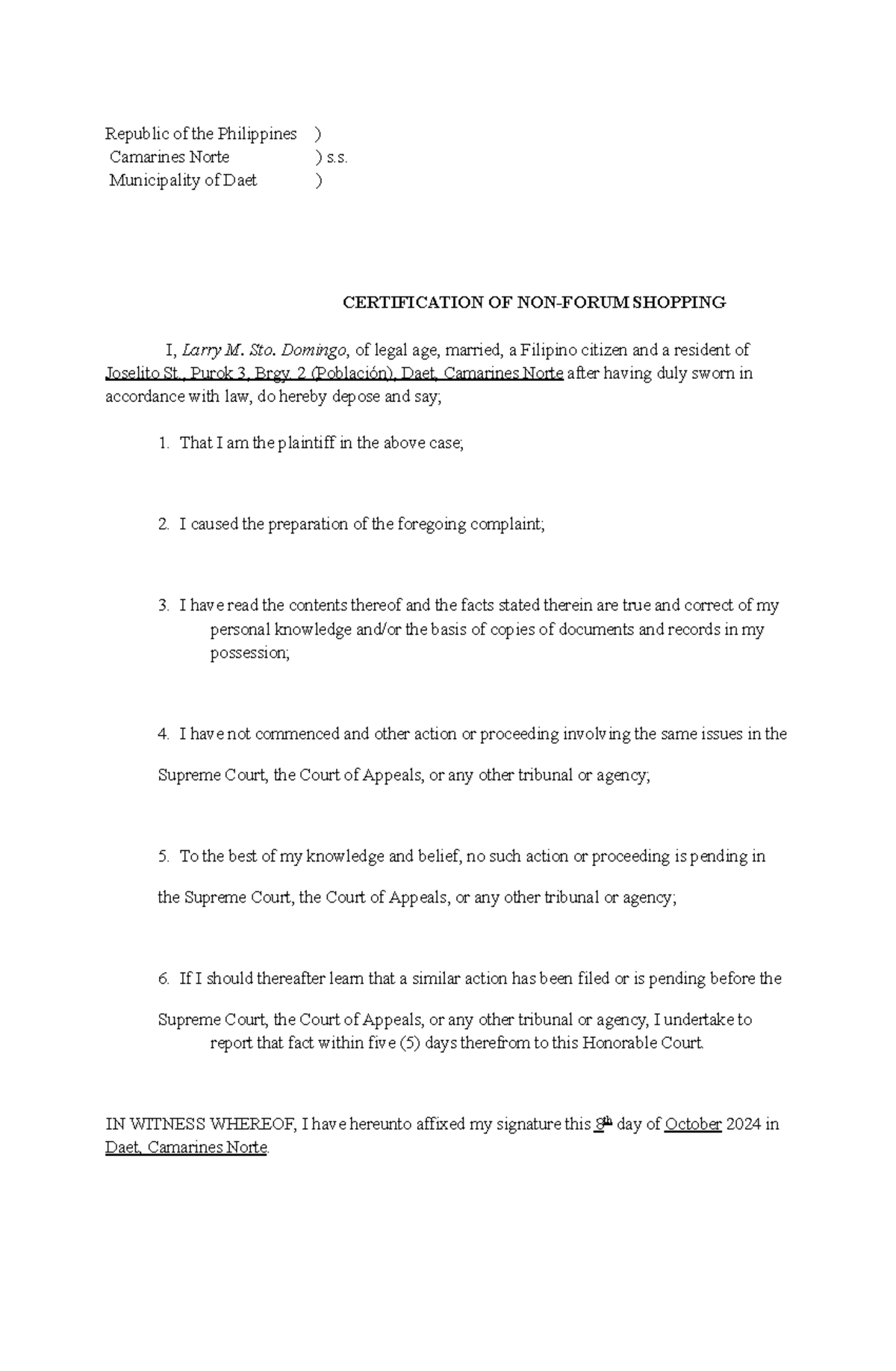 Certification of Non-Forum Shopping for Civil Case No. __________ - Studocu