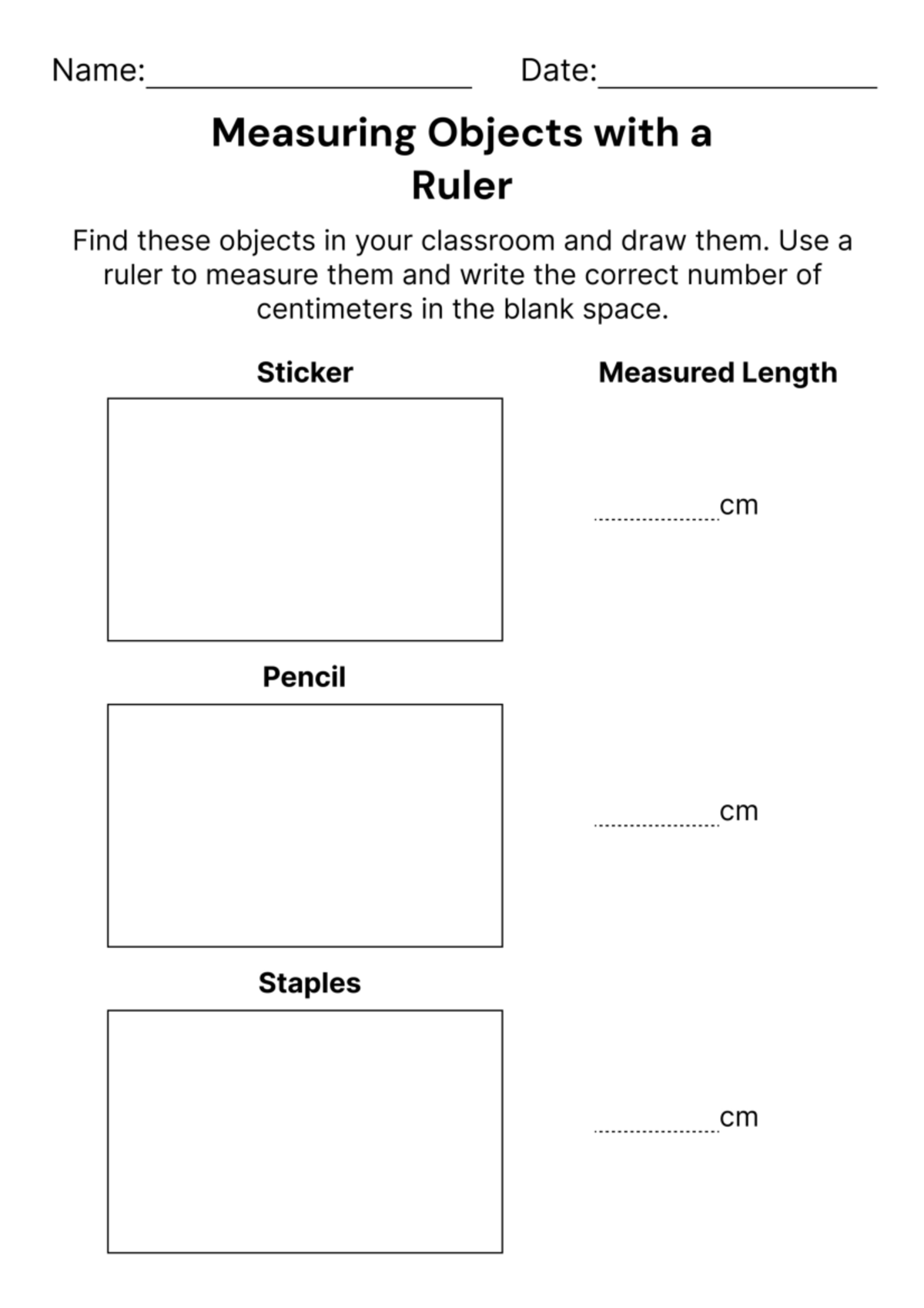 Measure Objects Using a Ruler (Centimeters) – Version 2 - Name: Date ...