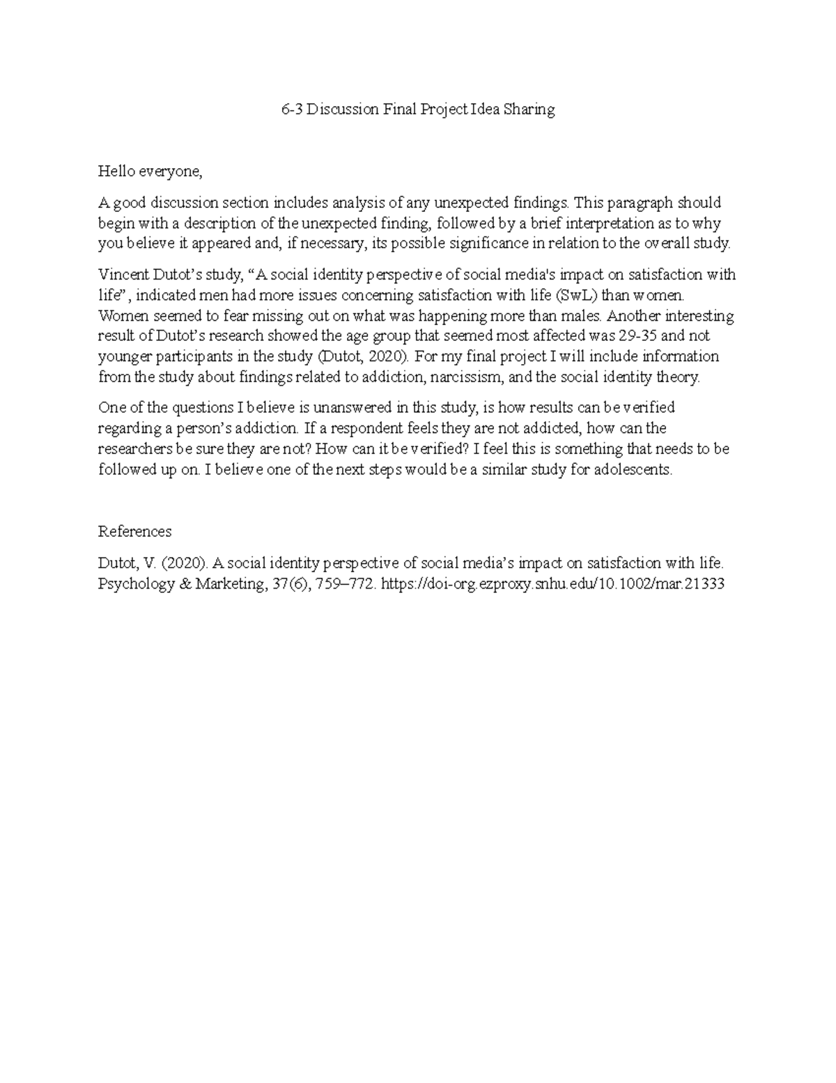 6-3 Discussion Final Project Idea Sharing - This paragraph should begin ...