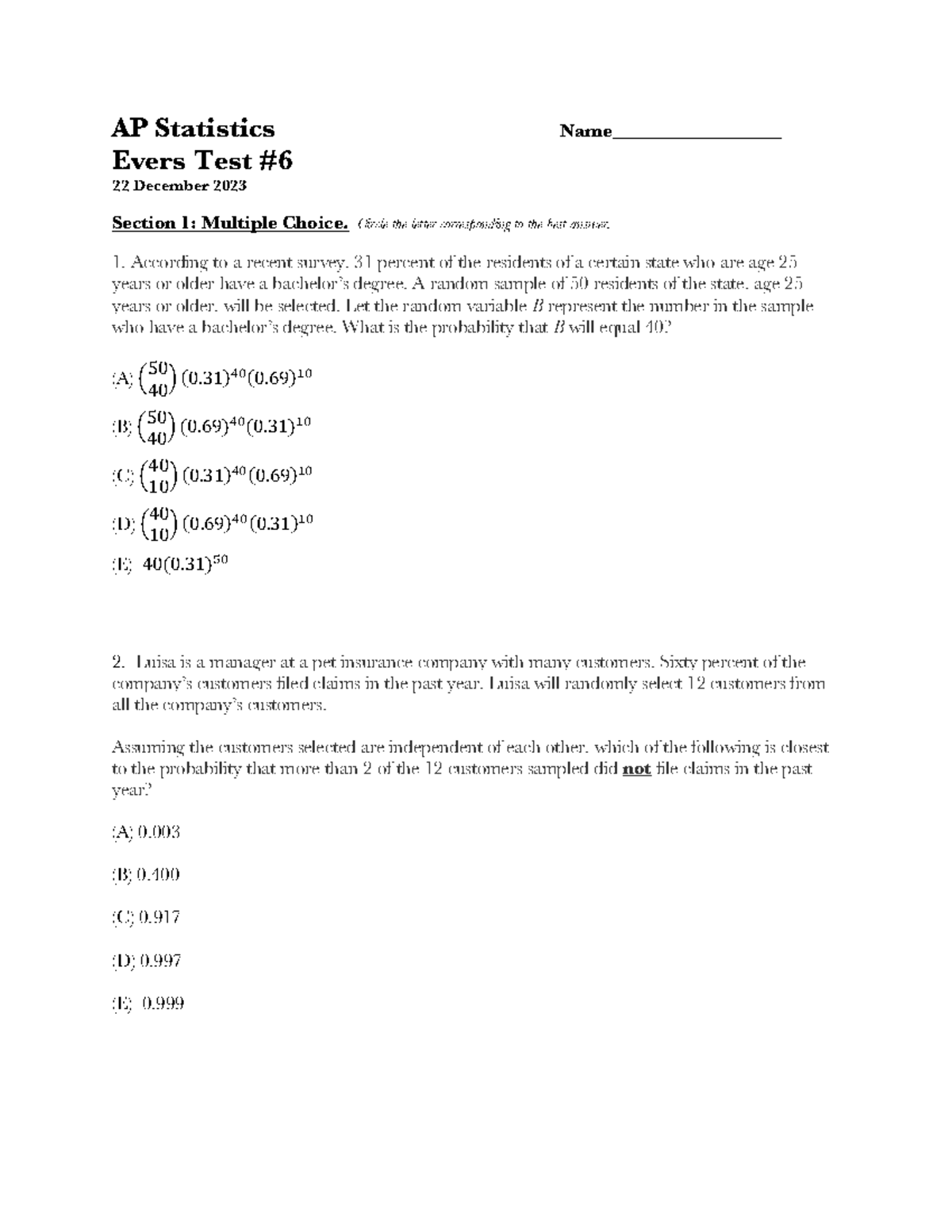 AP Statistics Test 6 Review - Multiple Choice Questions - Studocu