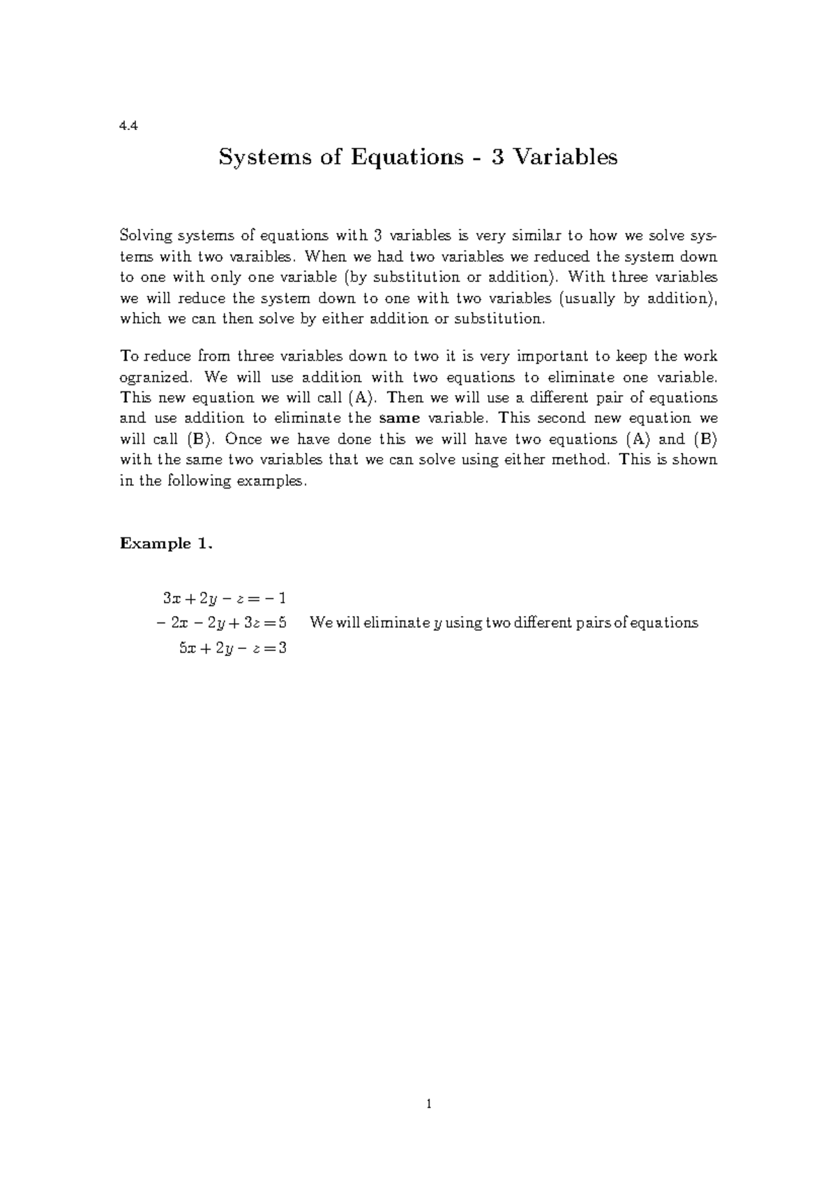 4.4 Systems with Three Variables - Systems of Equations - 3 Variables ...