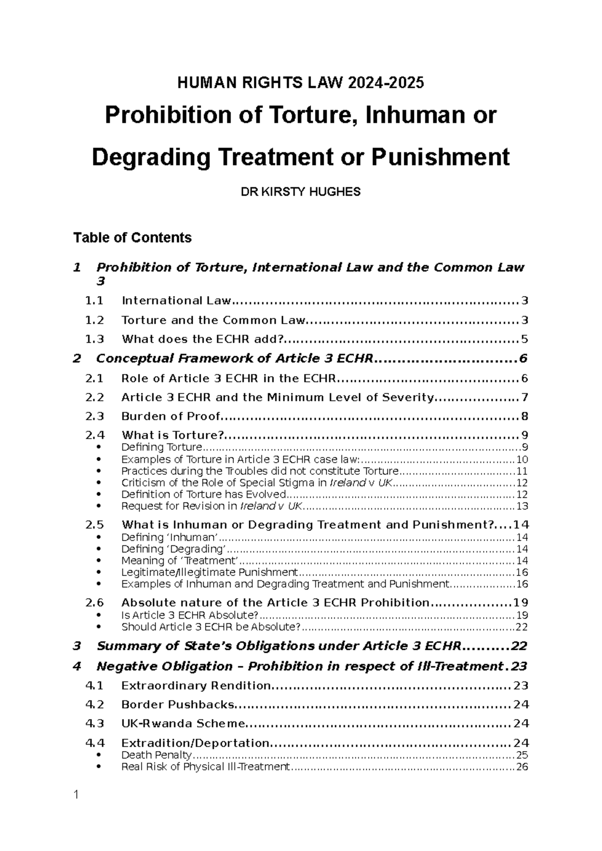 HUMAN RIGHTS LAW (HRL 101): Lecture Notes on Torture and Article 3 ECHR ...