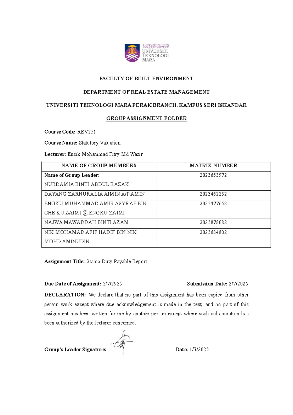 REV251 Statutory Valuation: Stamp Duty Report for Double Storey House ...
