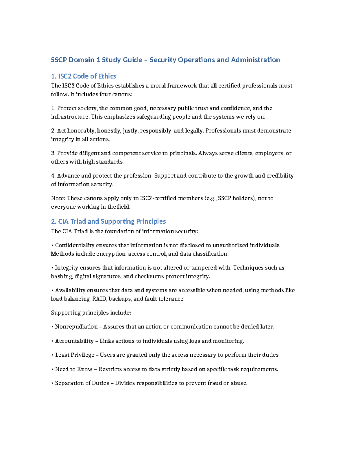 SSCP Domain 1 Study Guide: Security Ops & Admin Essentials - Studocu