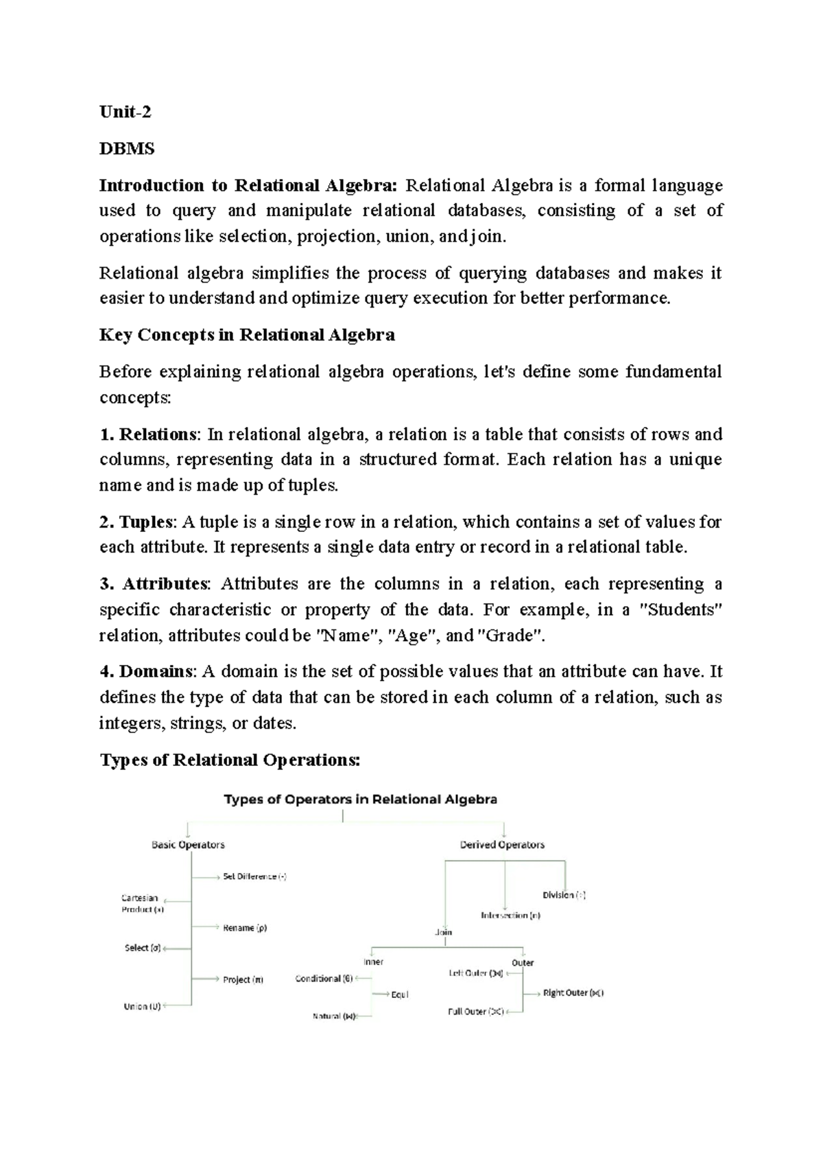 DBMS Unit-2: Lecture Notes on Relational Algebra Concepts - Studocu
