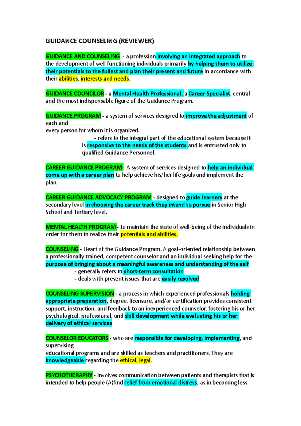 Guidance Counseling Review Notes: Key Concepts & Principles - Studocu