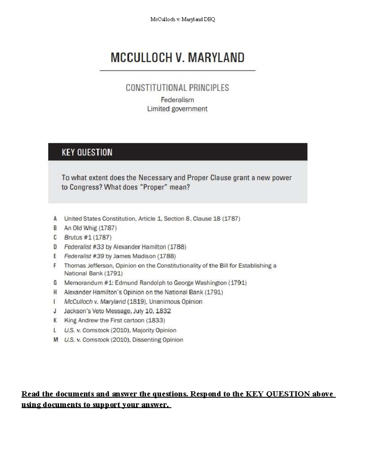 McCulloch v. Maryland DBQ: Analyzing Constitutional Powers and ...
