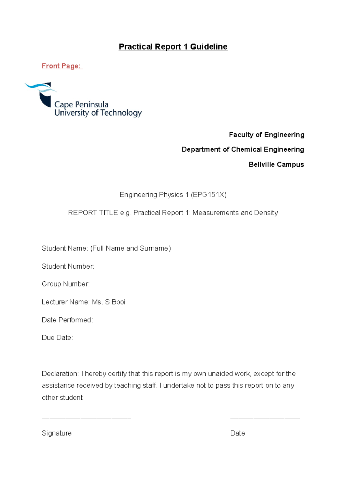 EPG151X Practical Report 1 Mechanical Engineering - MME2601 - Unisa ...