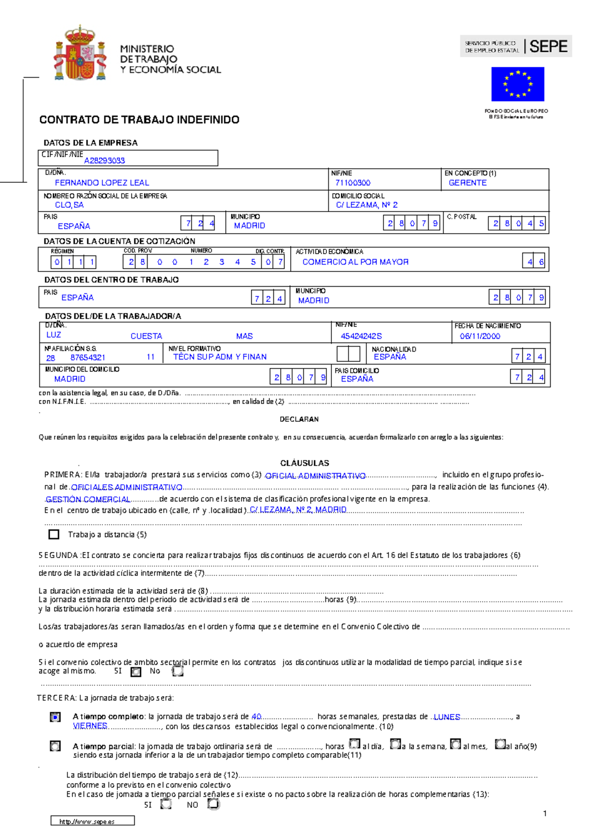 Modelo de Contrato Indefinido Cumplimentado - Guía Práctica - Studocu