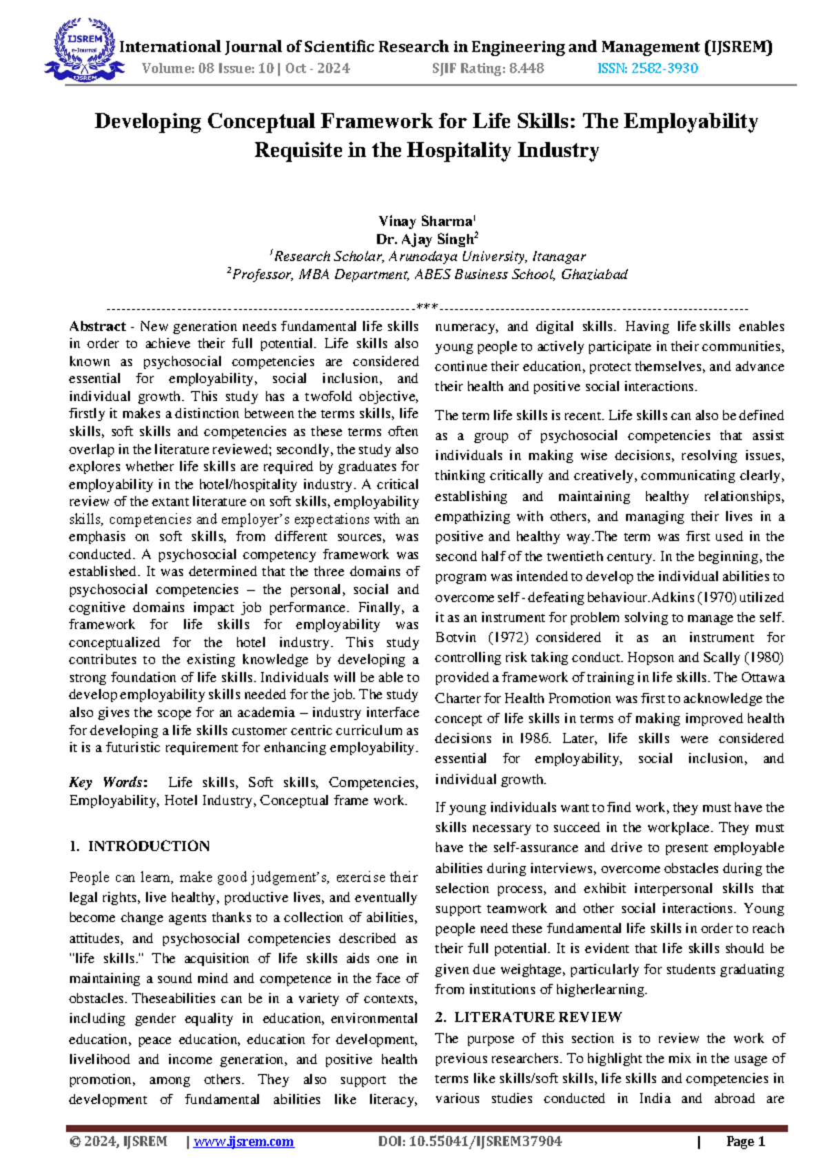Developing Life Skills Framework for Employability in Hospitality ...