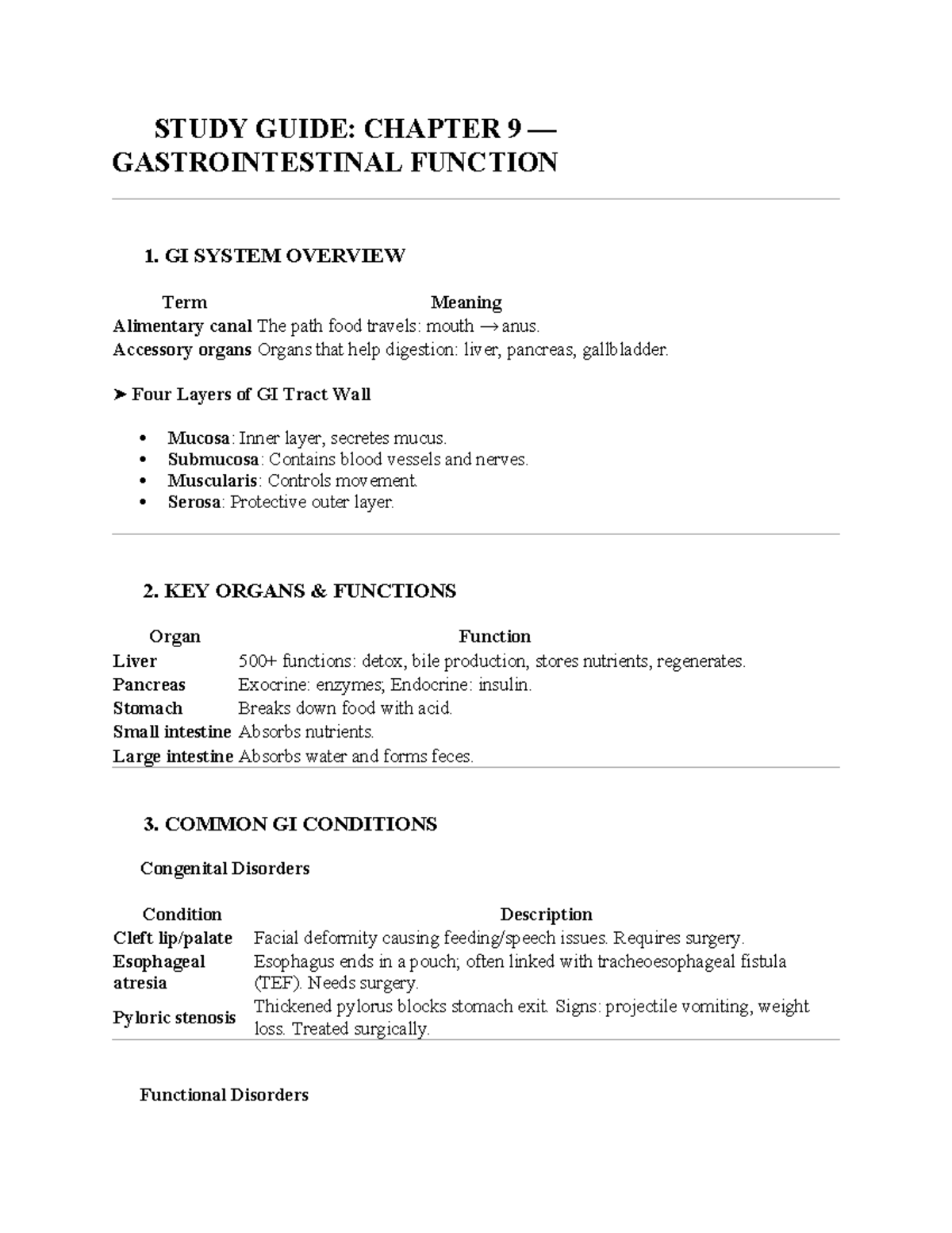 STUDY GUIDE: CH 9 GASTROINTESTINAL FUNCTION OVERVIEW - Studocu