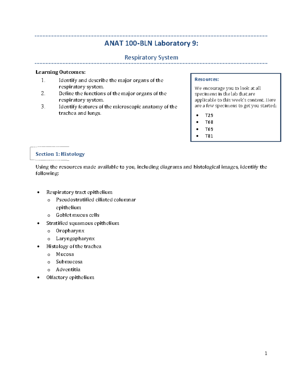 ANAT 100 BLN - Lab 9: Respiratory System Anatomy & Histology Guide - Studocu