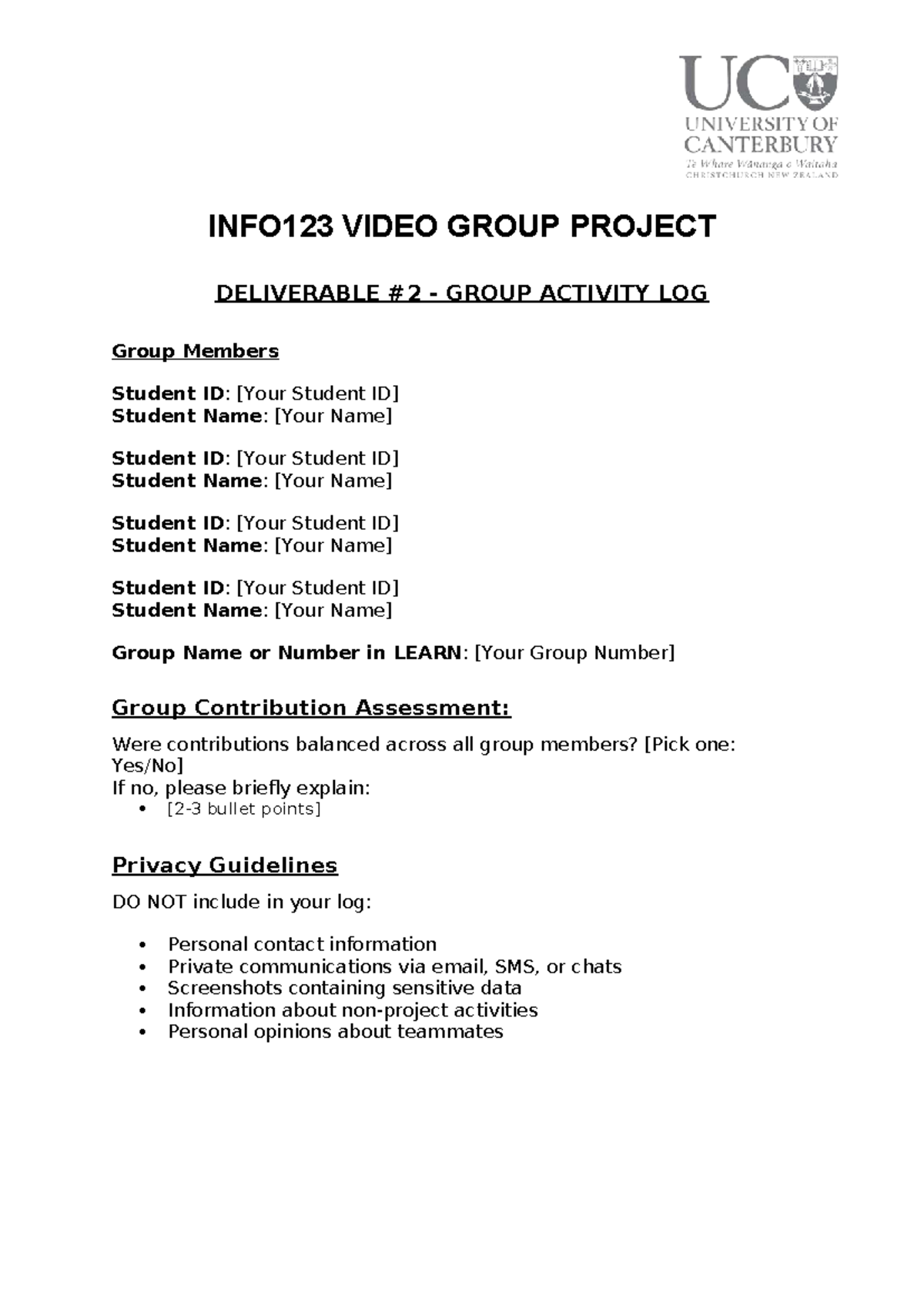 INFO123 Group Activity Log Template - Deliverable No. 2 - Studocu