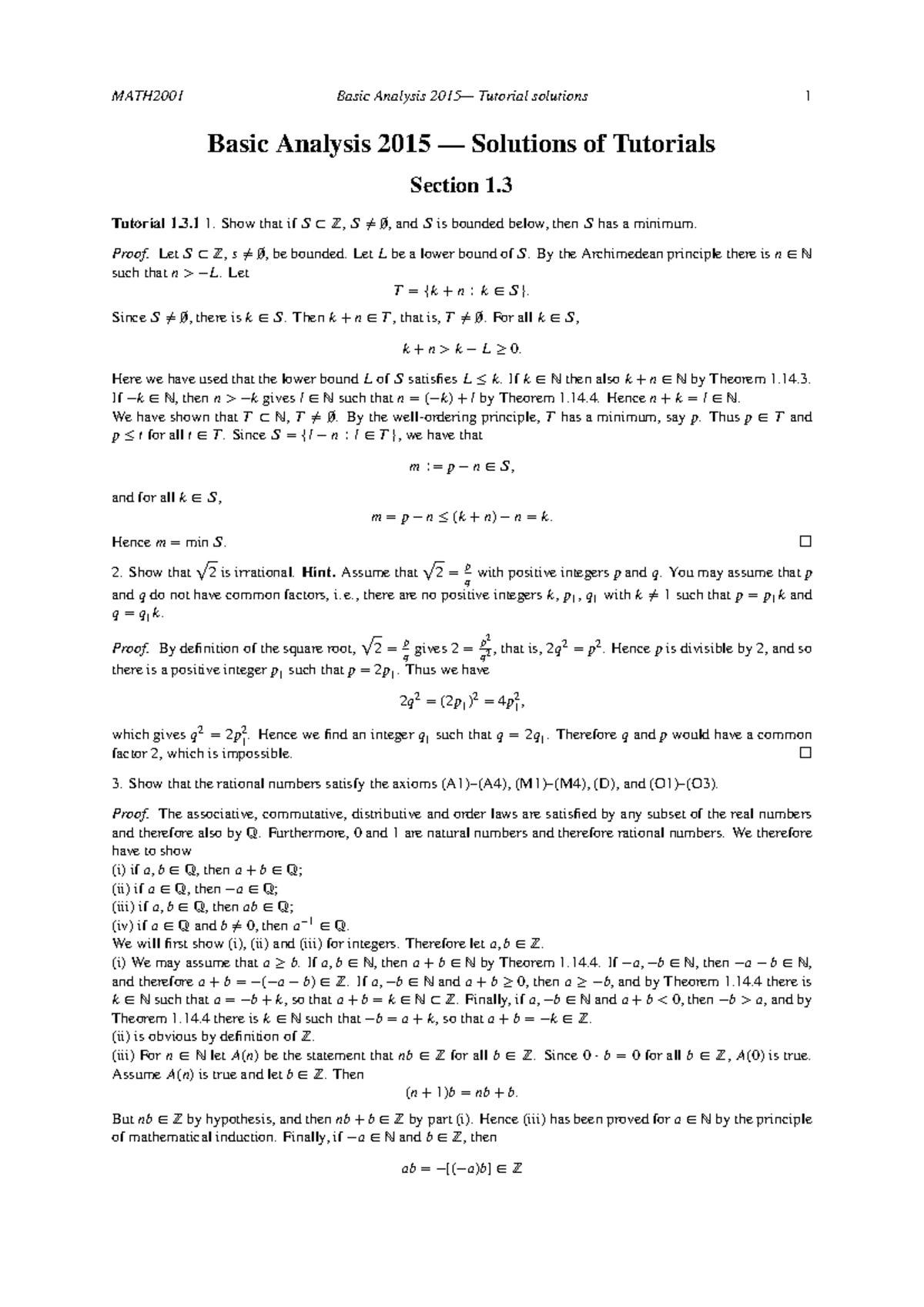 BA Tutorial 1.3 Solutions - MATH2001 Basic Analysis 2015— Tutorial solutions 1 Basic Analysis ...