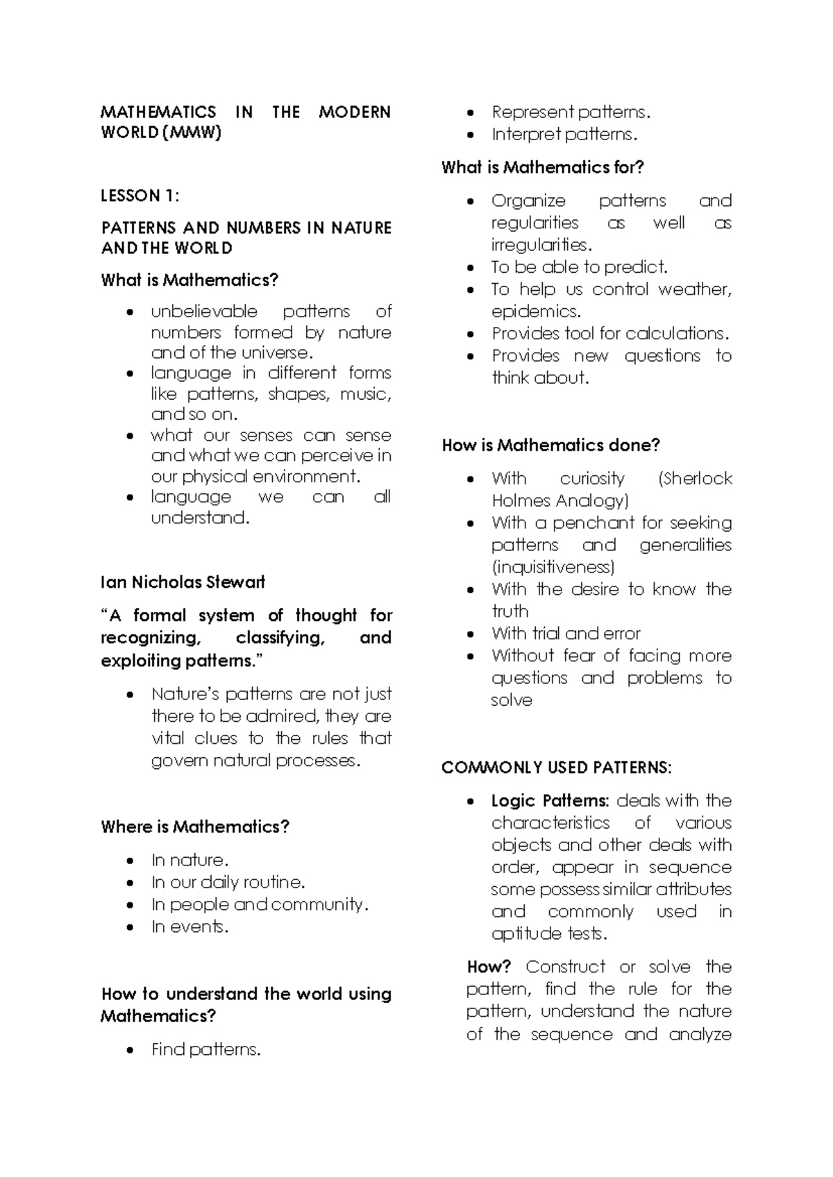 MMW-Reviewer - Modern world midterm lessons - MATHEMATICS IN THE MODERN WORLD (MMW) LESSON 1 ...