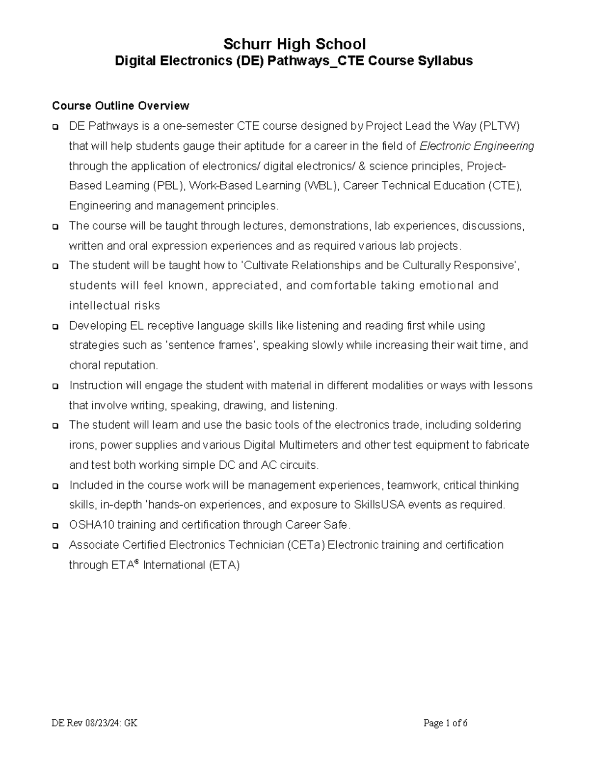 DE Pathways CTE Course Syllabus Overview - Digital Electronics 2024 ...