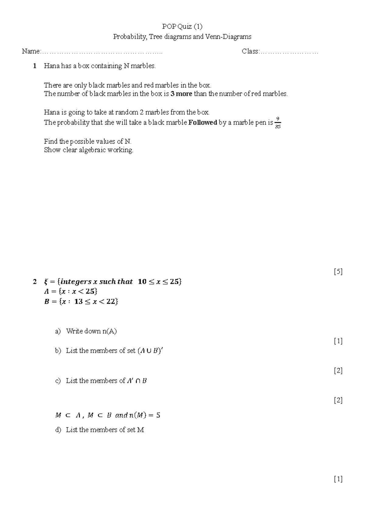 POP Quiz (1): Probability, Tree Diagrams & Venn Diagrams - Studocu