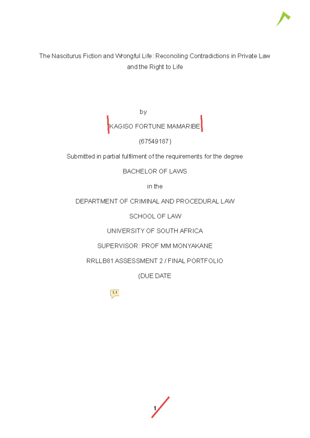RRLLB81 Final Portfolio: Nasciturus Fiction vs. Wrongful Life in SA Law ...