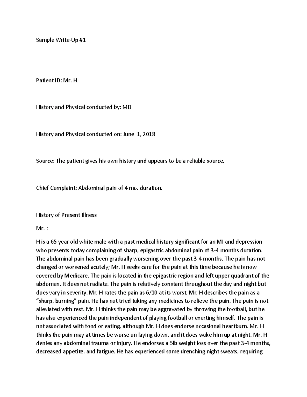 Sample history - Sample Write-Up # Patient ID: Mr. H History and ...