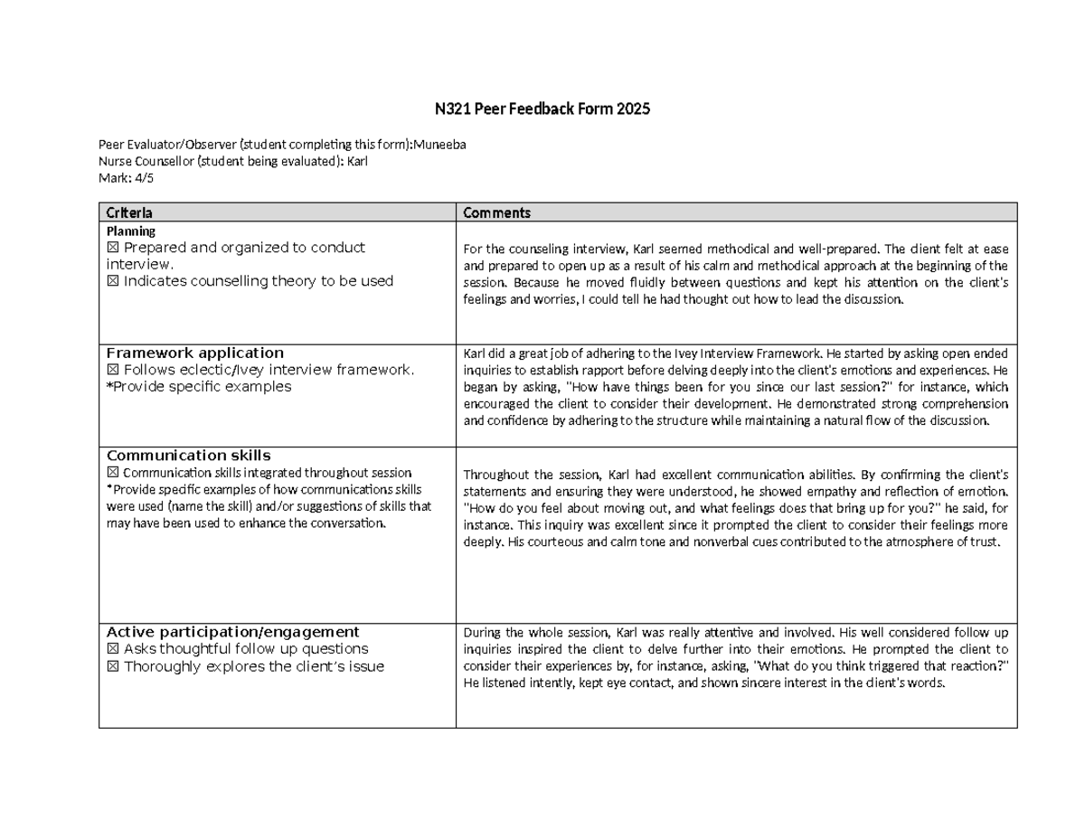 N321 Peer Feedback Form 2025: Evaluation of Karl's Counseling Skills ...