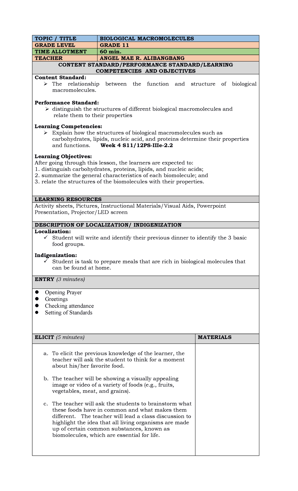 Biological Macromolecules Overview for SHS Grade 11 - Lesson Plan - Studocu