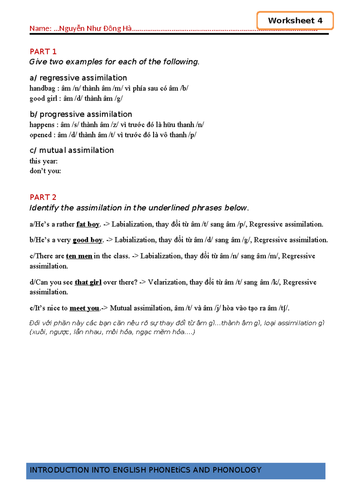 Worksheet 4 - Assimilation Examples & Analysis in Phonetics - Studocu