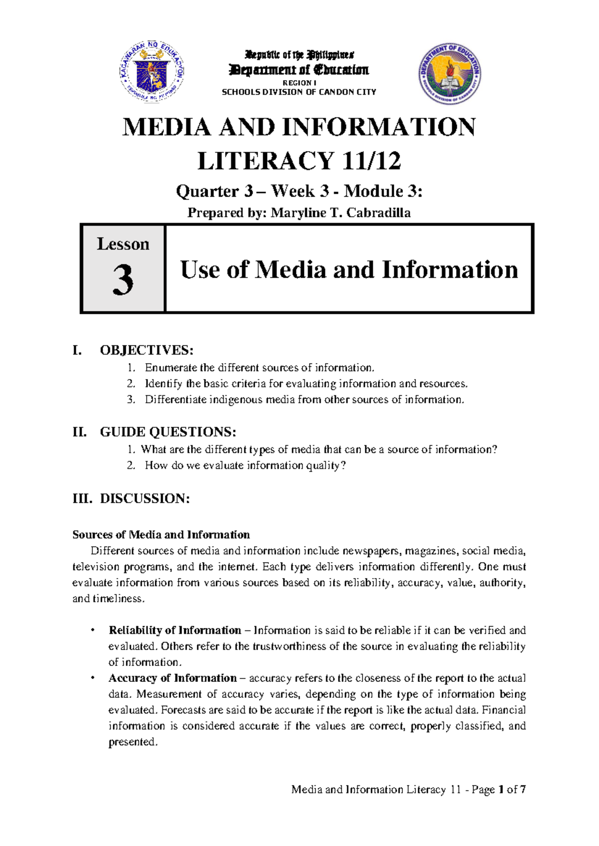 Media and Information Literacy Q3 W3 M3: Use of Media and Information ...