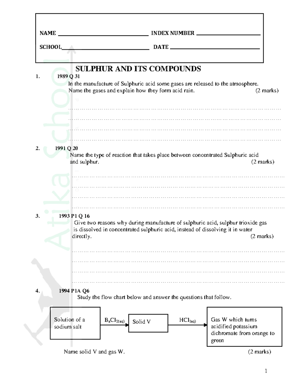 Chemistry Form 3 Topical Q&A: Sulphur and Its Compounds - Studocu