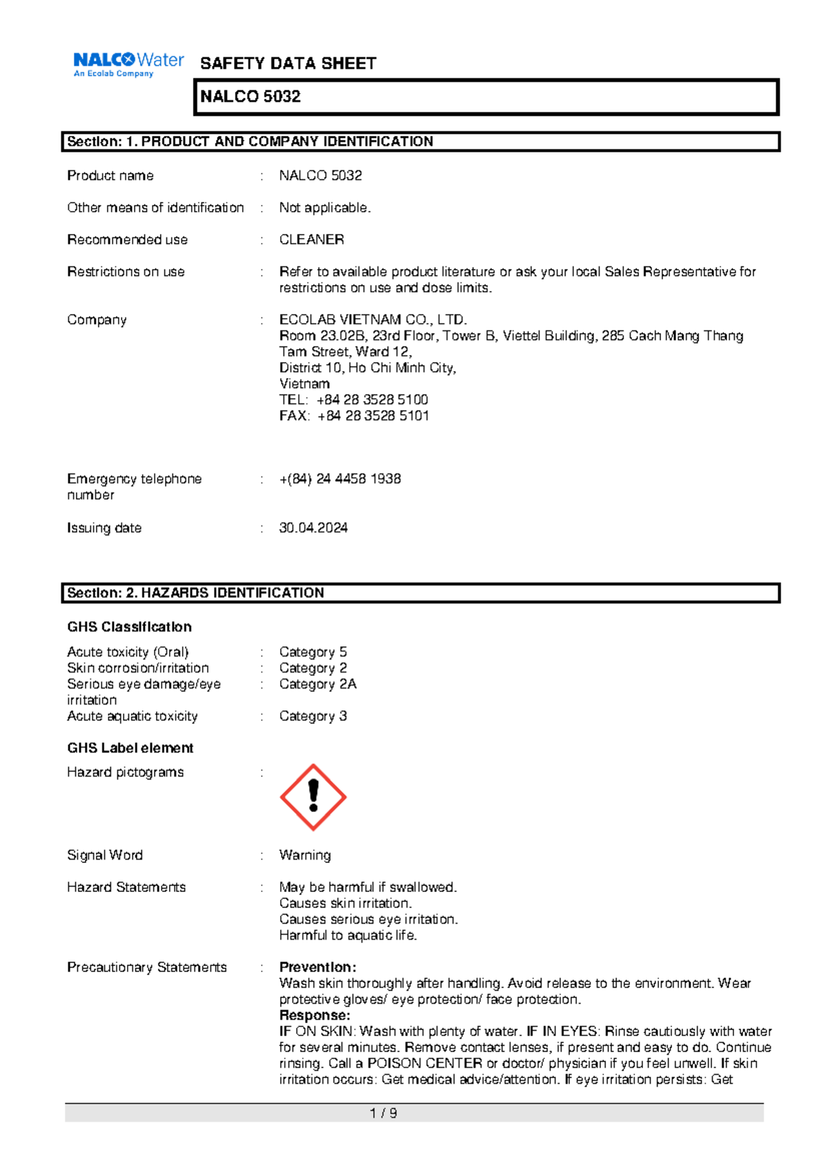 NALCO 5032 SDS: Sulfamic Acid Safety Data Sheet Overview - Studocu