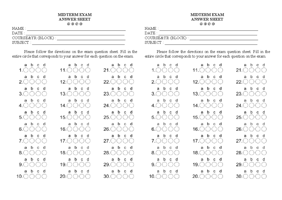 Midterm Answer Sheet - MIDTERM EXAM ANSWER SHEET Ⓐ Ⓑ Ⓒ Ⓓ NAME : - Studocu