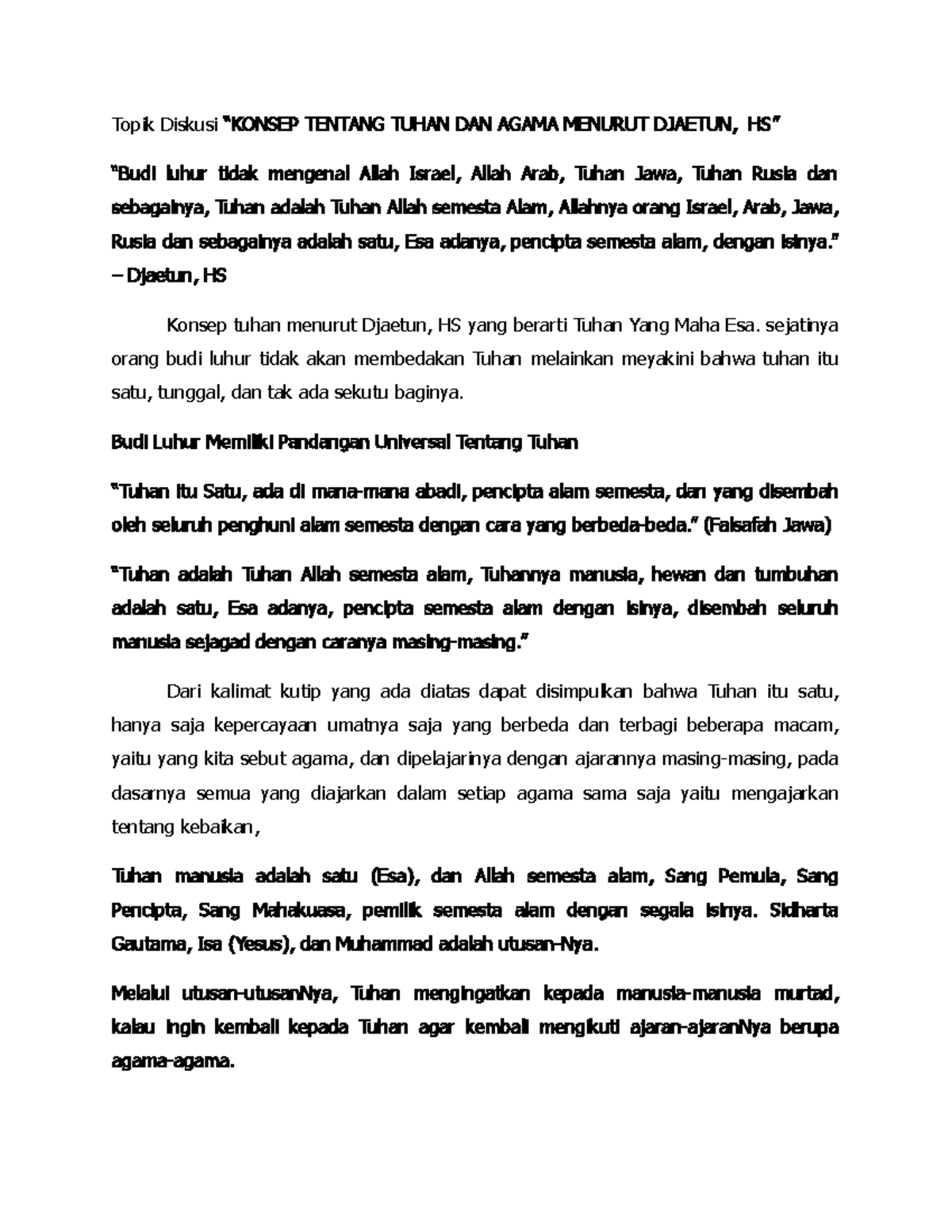 WBL - Konsep Tuhan dan Agama dalam Pandangan Djaetun, HS - Studocu