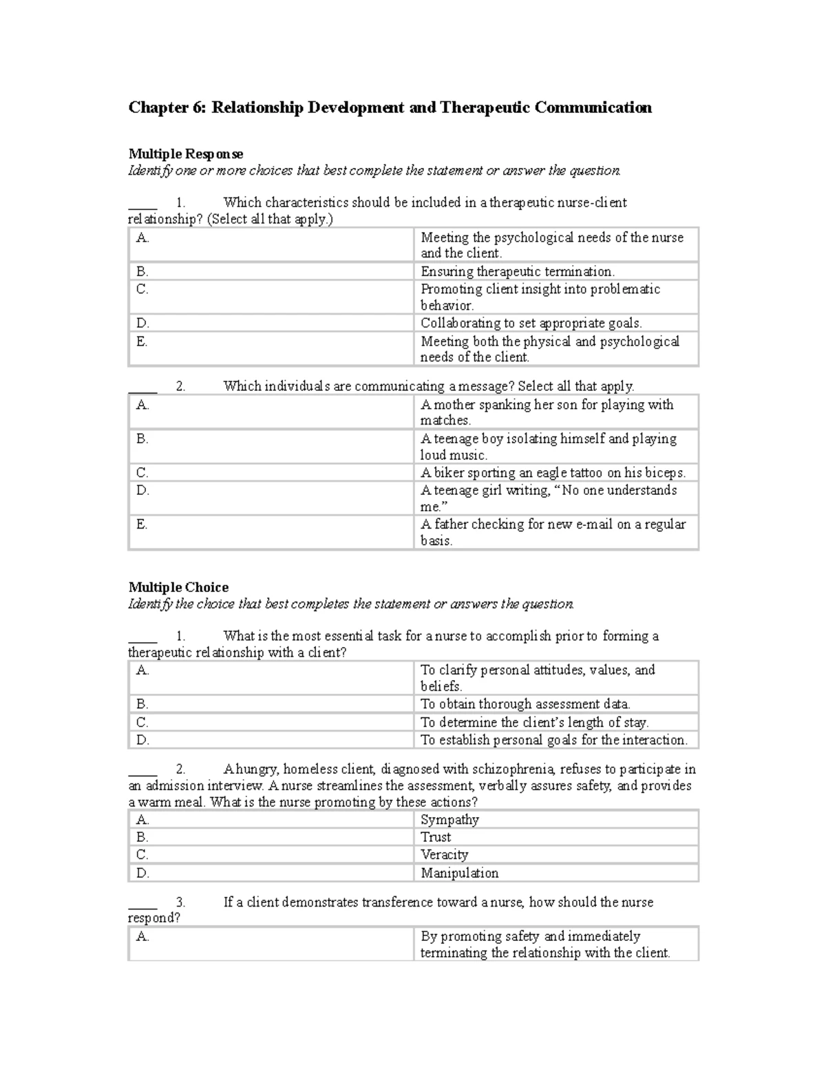 Therapeutic Communication Techniques Quizlet for Nursing 101 - Studocu