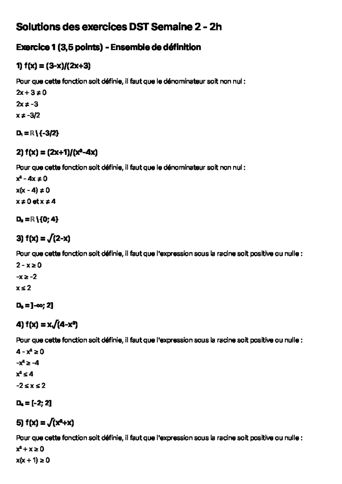 Solutions des exercices de mathématiques DST Semaine 2 - Studocu