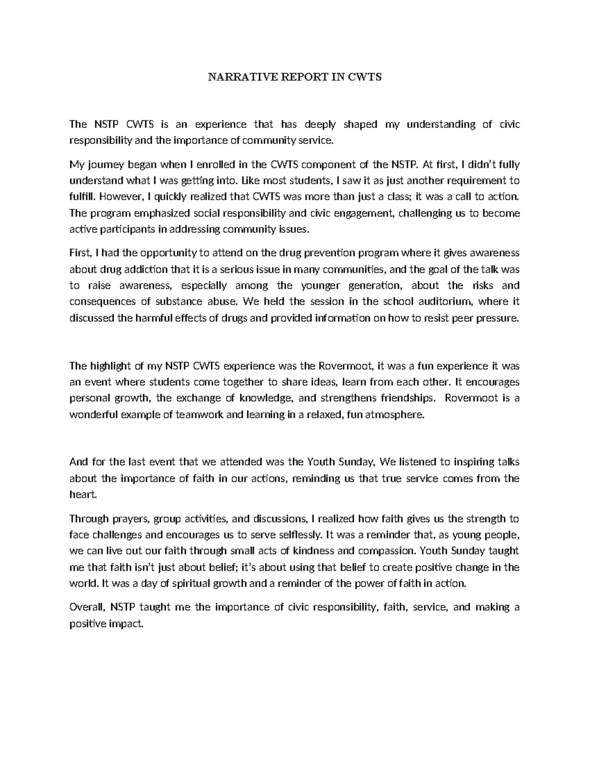 Morano Kenneth Narrative Essay - NSTP CWTS Experience Reflection - Studocu