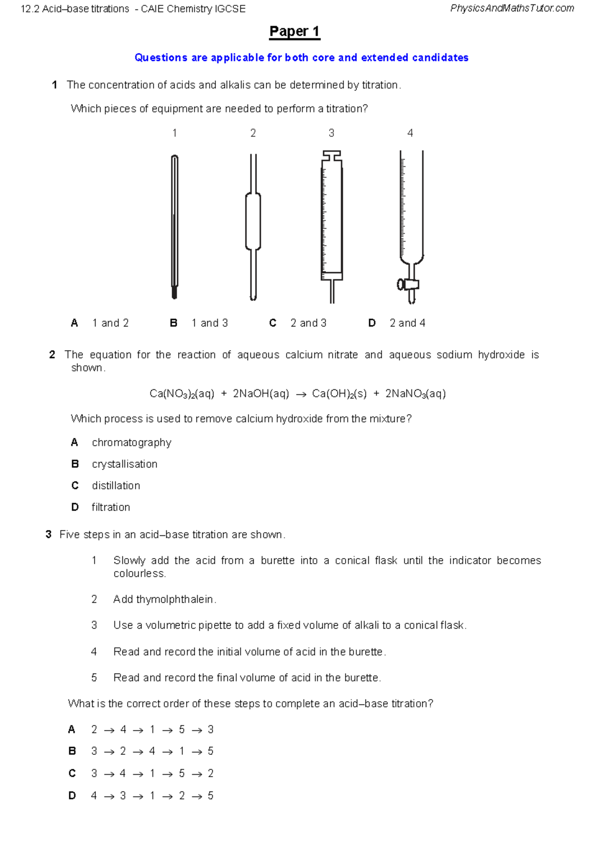 CAIE Chemistry IGCSE Paper 1 Titration Practice Questions - Studocu