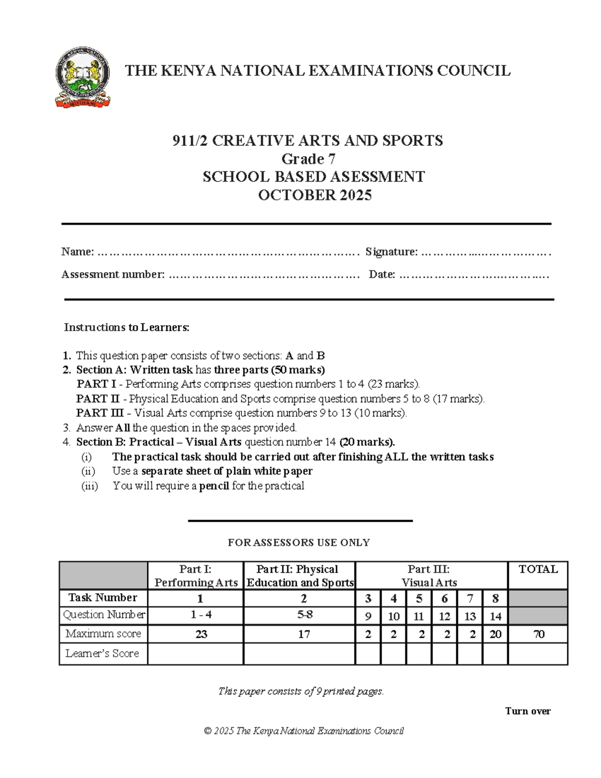Grade 7 Creative Arts & Sports School-Based Assessment (CRA 1) - Studocu