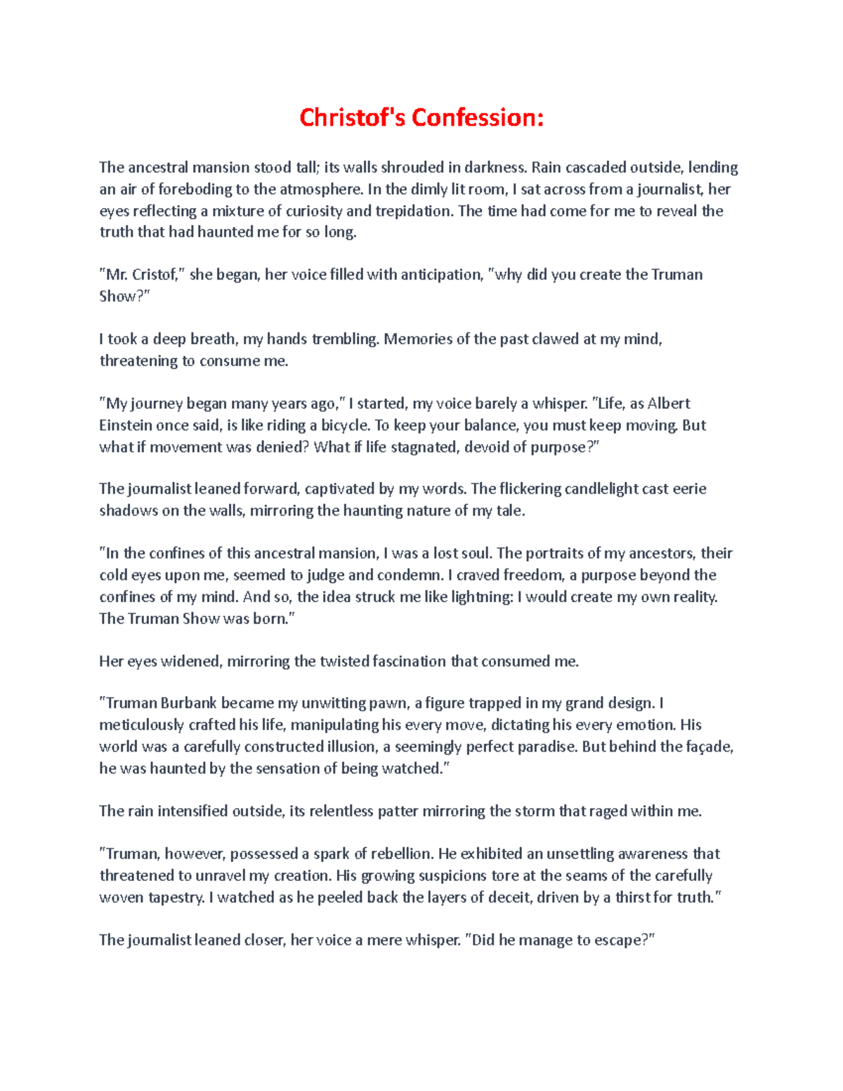 English Assessment: Creative Writing on Cristof's Confession - Studocu