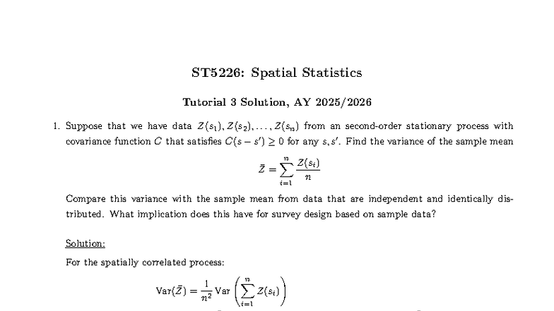Tutorial 3 solution - ST5226: Spatial Statistics Tutorial 3 Solution, AY 2025/ Suppose that we ...