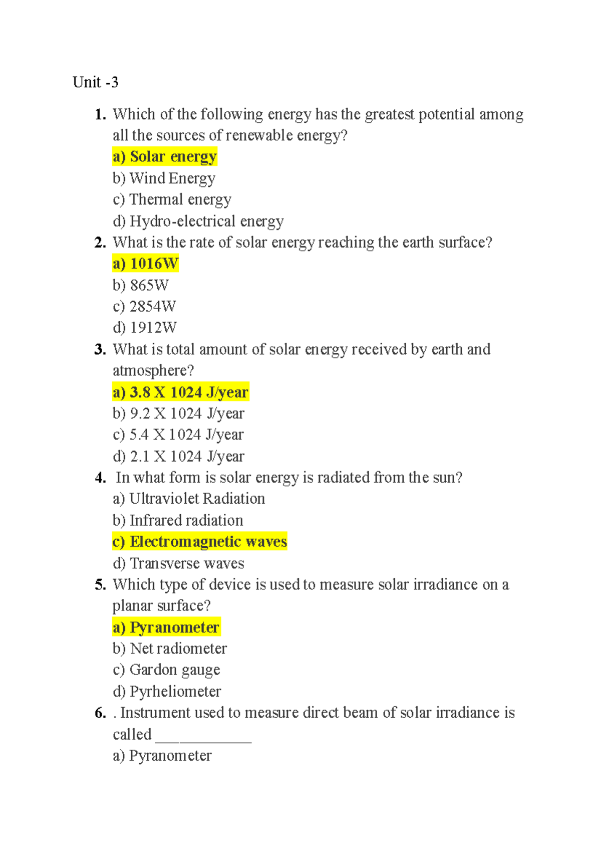RES UNIT 3: MCQ on Solar Energy Concepts and Technologies - Studocu
