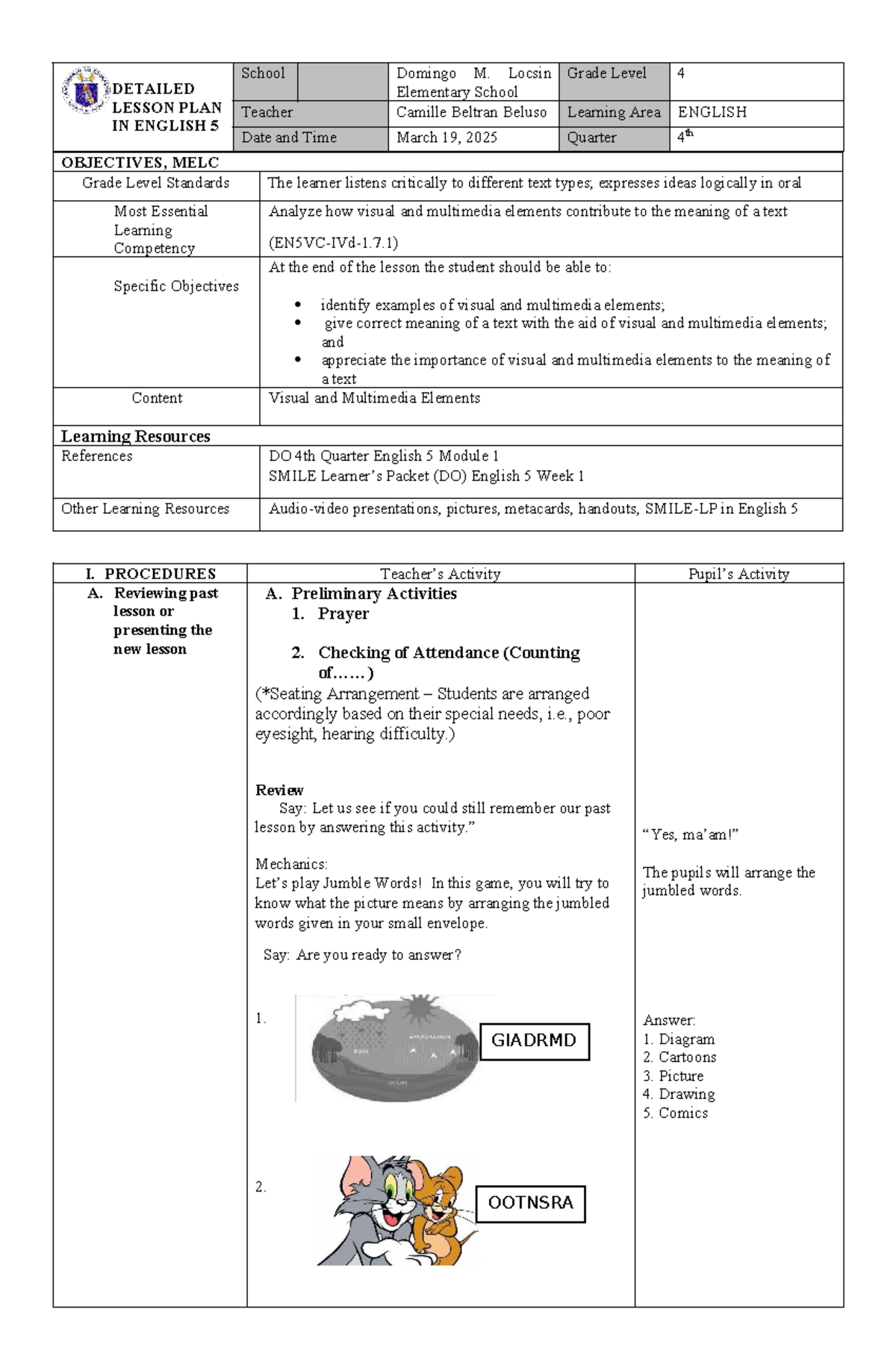 DETAILED LESSON PLAN: VISUAL & MULTIMEDIA ELEMENTS IN ENGLISH 5 - Studocu