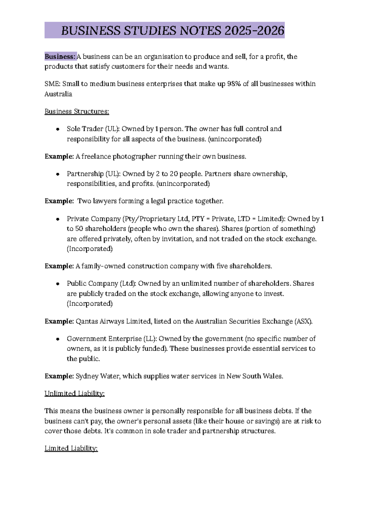 Year 11 Business Studies: Nature of Business Notes - Studocu