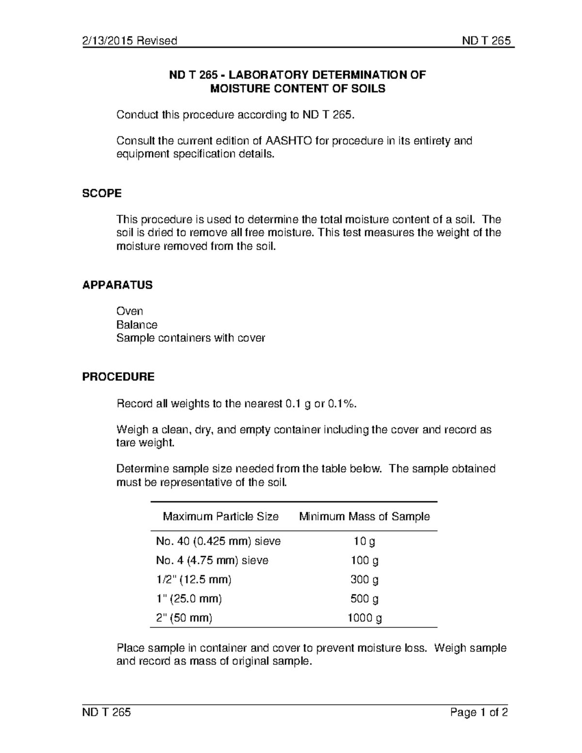 AASHTO T265 - Lab Method for Soil Moisture Content Determination - Studocu