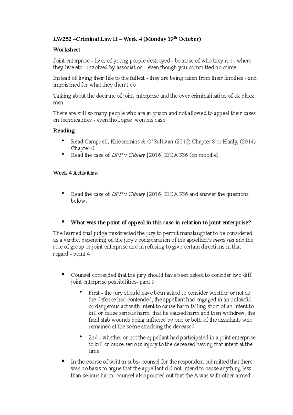Joint Enterprise Worksheet - LW252 Criminal Law II - Week 4 Insights ...
