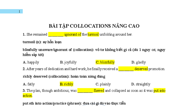BÀI TẬP COLLOCATIONS NÂNG CAO - KEY MÔN Anh - Studocu