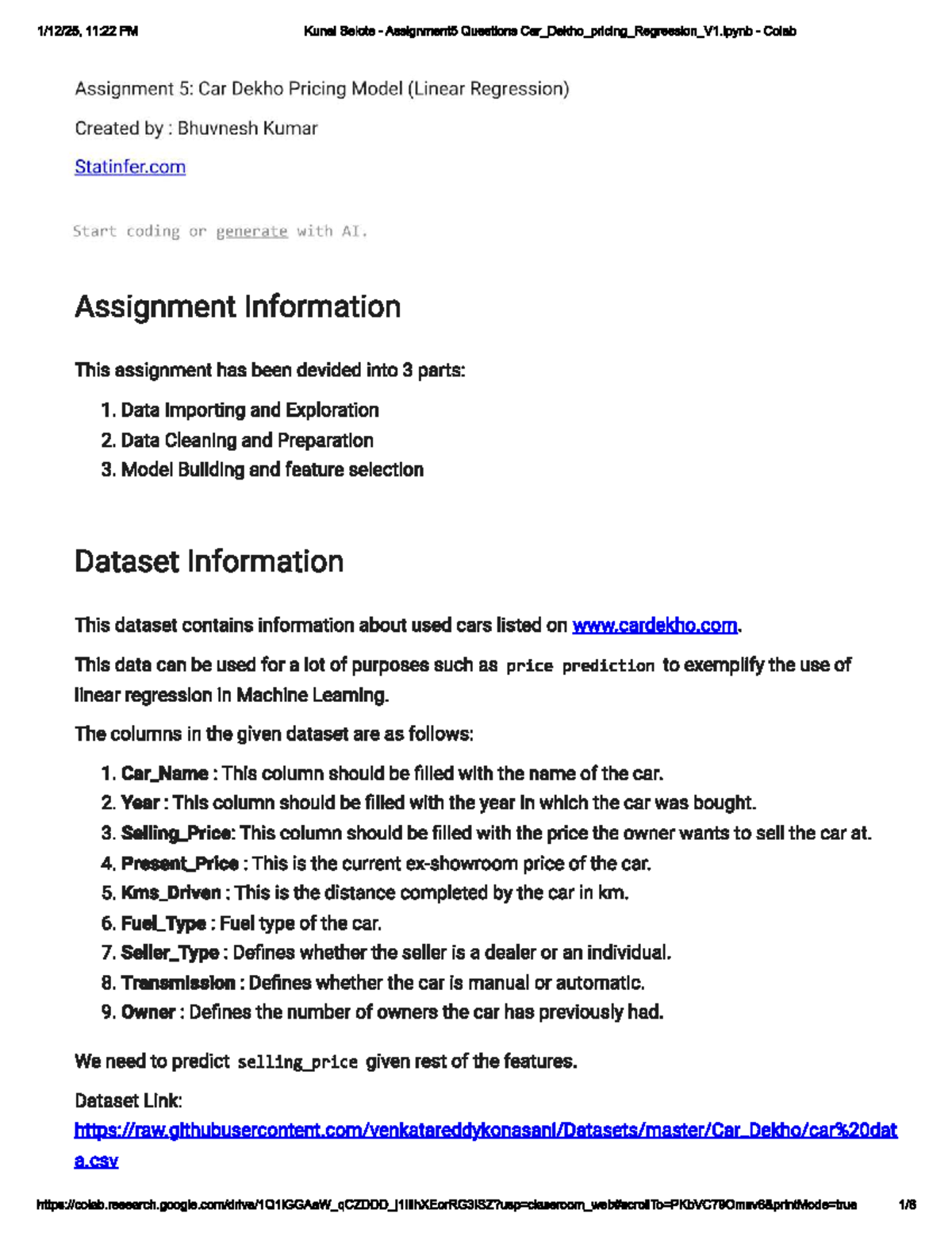 Assignment 5: Car Dekho Pricing Model (Linear Regression) Analysis ...