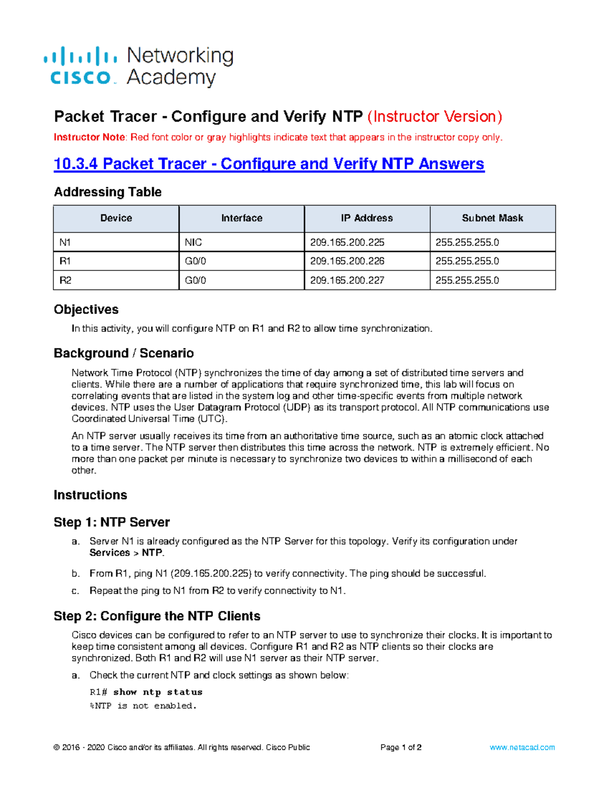 10.3 Packet Tracer - Configuring & Verifying NTP - ITExam Answers - Studocu