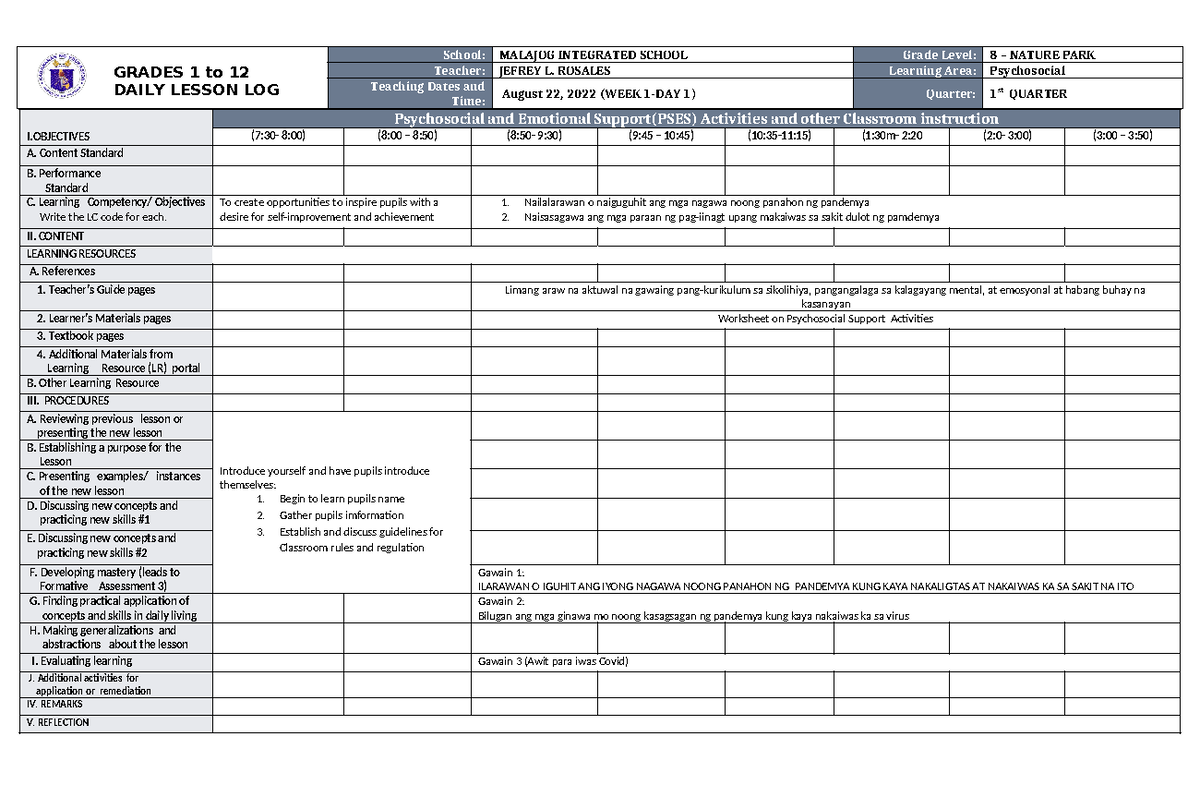 Psychosocial Lesson Plan for Grade 8: Daily Log & Activities - Studocu