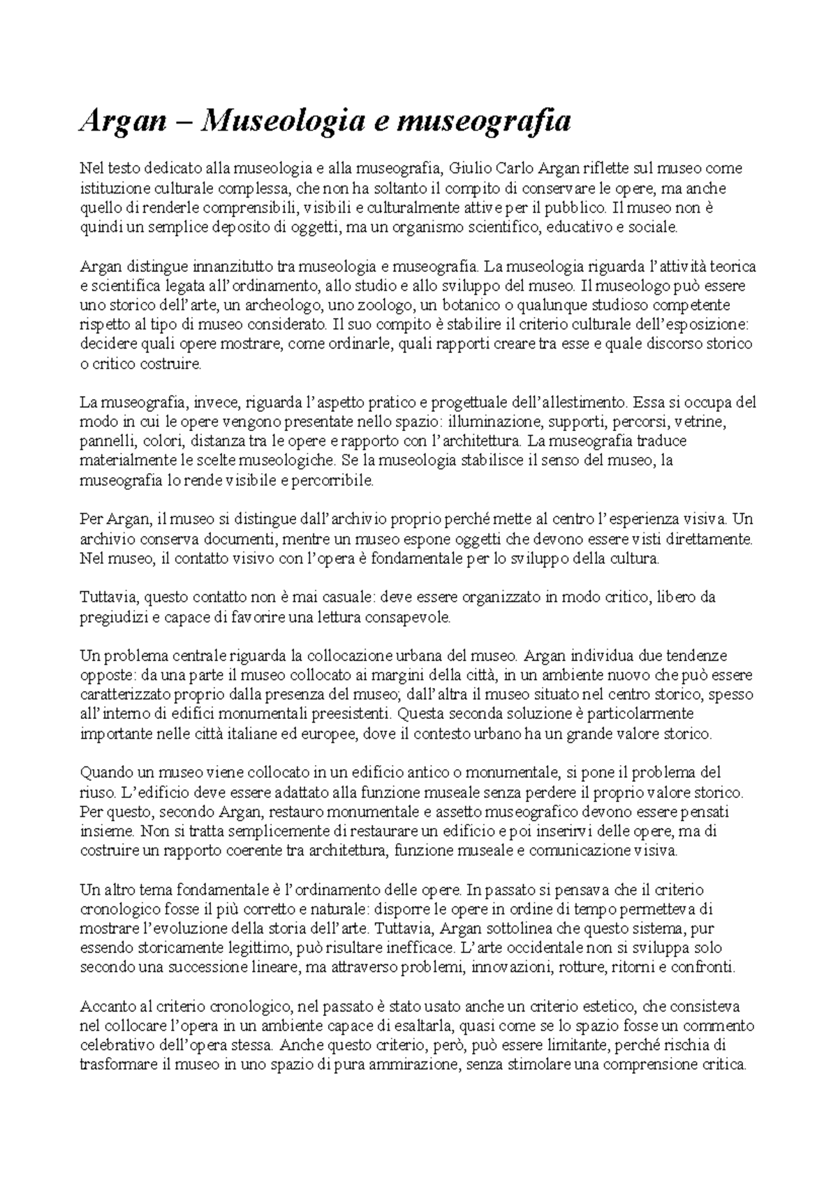 Riassunti di Museologia e Museografia: Argan, Montemartini, Zunzunegui ...
