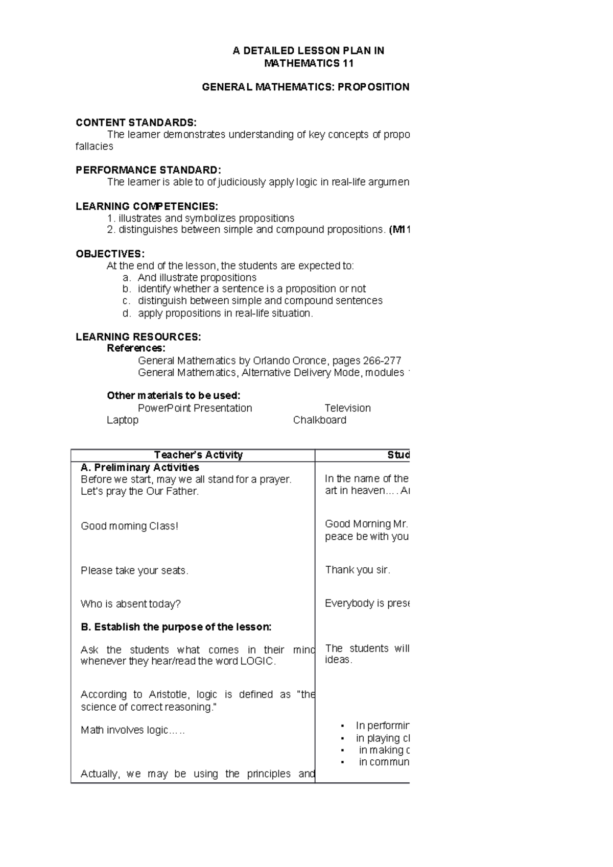 M11 General Mathematics: Detailed Lesson Plan on Propositions - Studocu