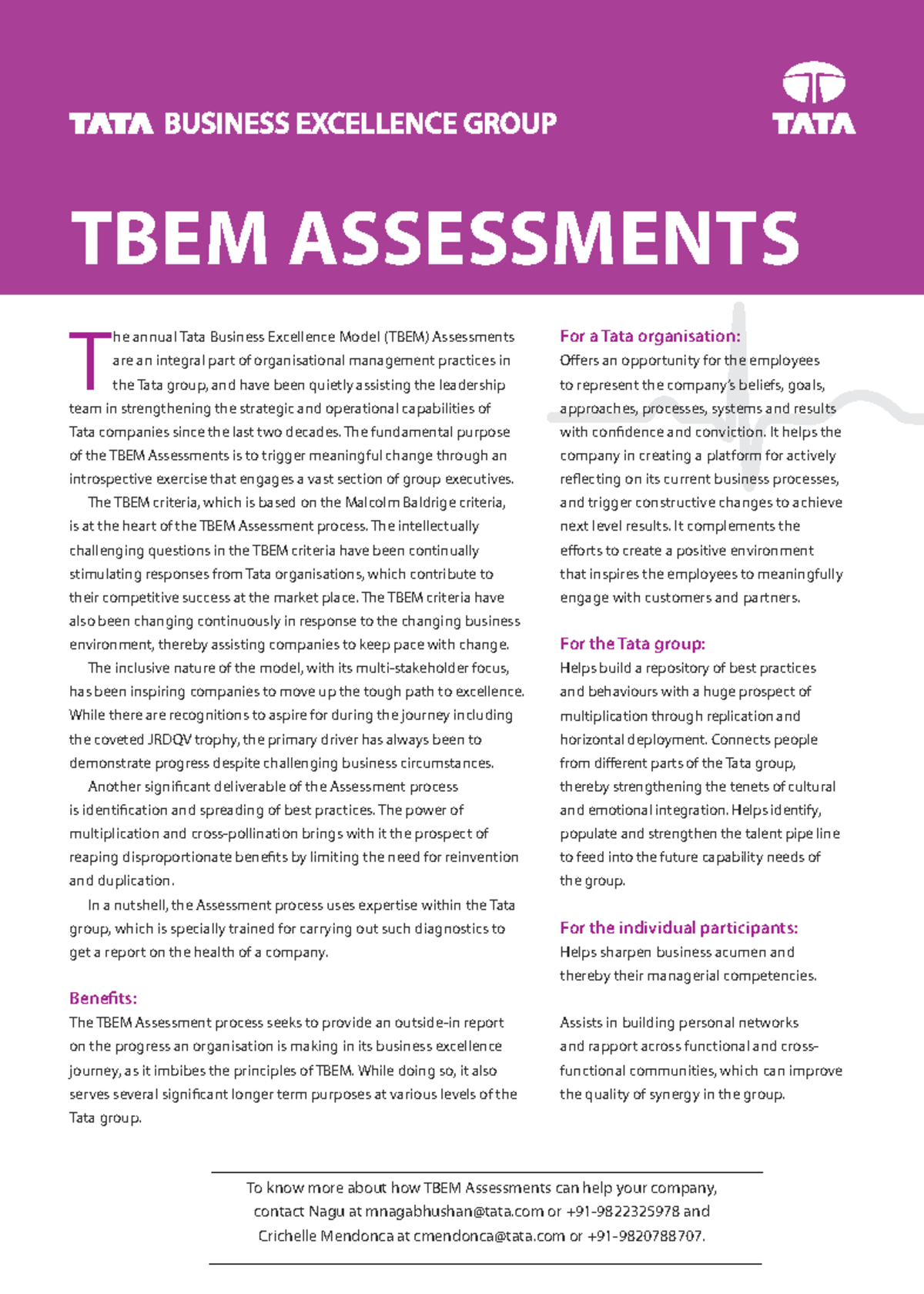 TBEM Assessments: Enhancing Business Excellence in Tata Group - Studocu